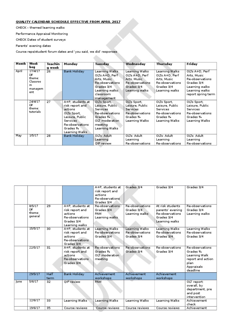 Quality Calendar Schedule Effective From April 2017: Month Week Beg ...
