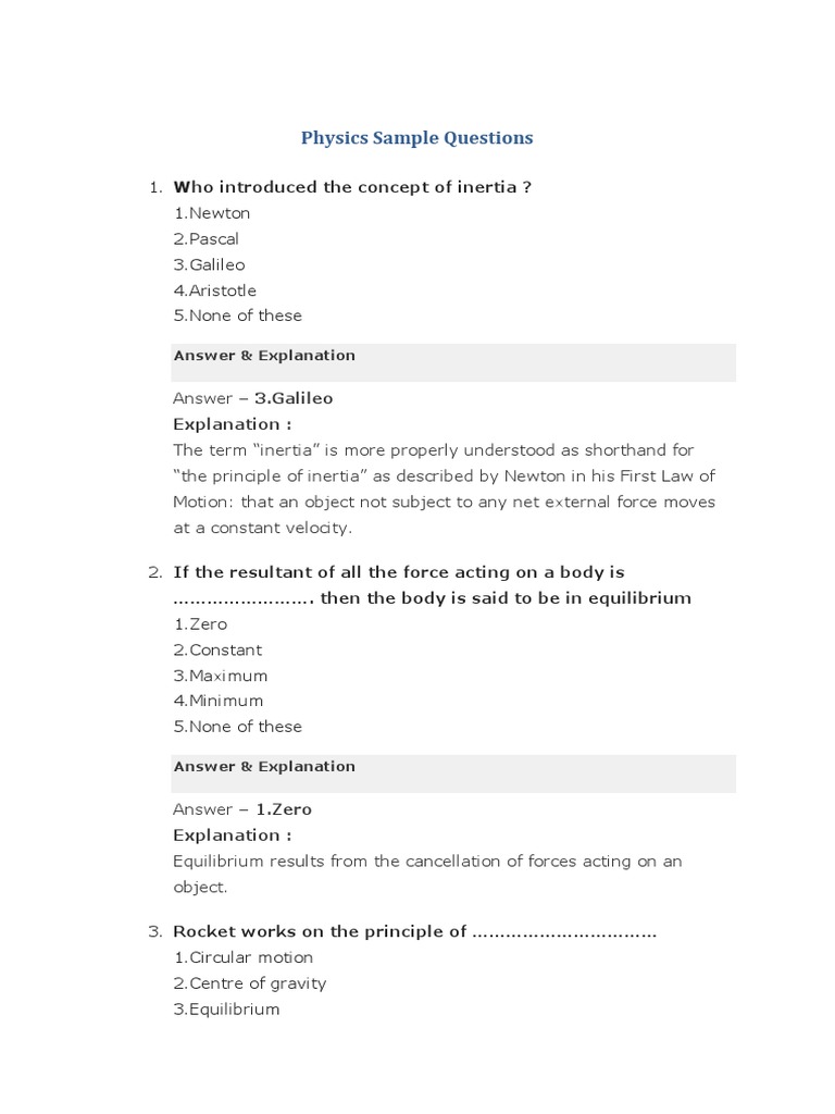 Physics Sample Questions | PDF | Inertia | Force
