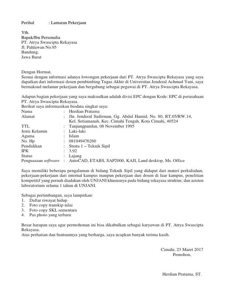 Lamaran Kerja Divisi EPC PT Atrya | PDF