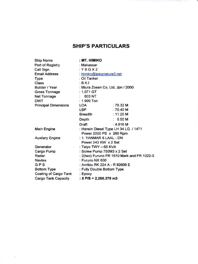 MT. Himiko Ship Particular | PDF | Technology & Engineering | History