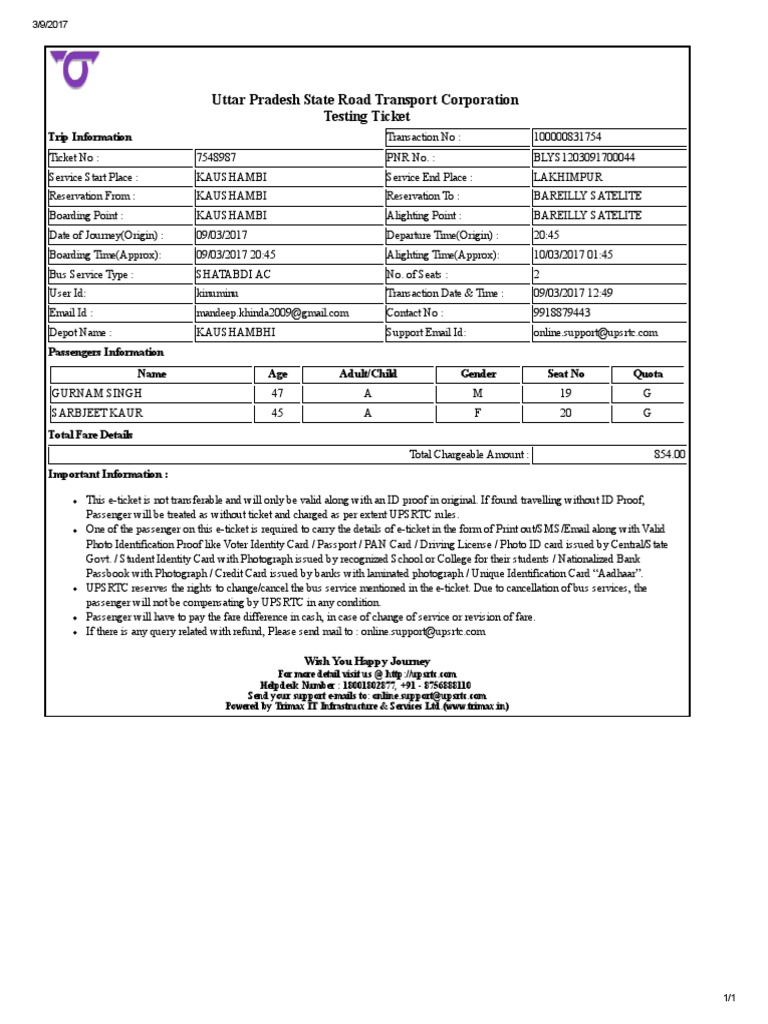 UPSRTC E-Ticket Details and Fare | PDF | Identity Document | Government ...