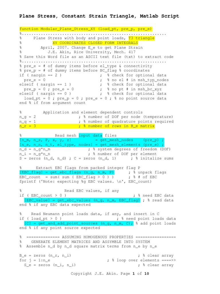 Plane Stress, Constant Strain Triangle, Matlab Script | PDF | Array ...