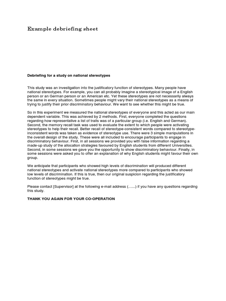 Example Debriefing Sheet: Debriefing For A Study On National ...