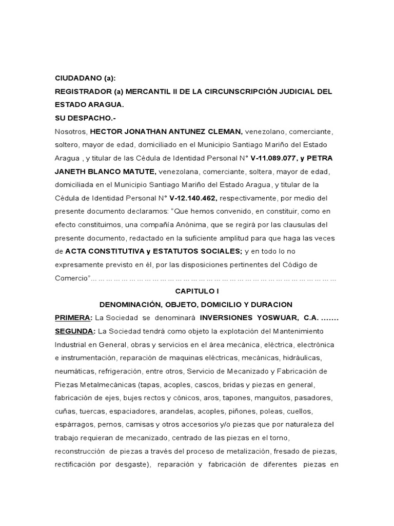 Acta Constitutiva Inversiones Yosw | PDF | Compartir (Finanzas) | Bancos