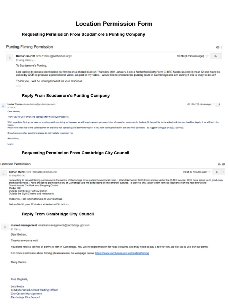 Location Permission Form: Requesting Permission From Scudamore's Punting Company | PDF