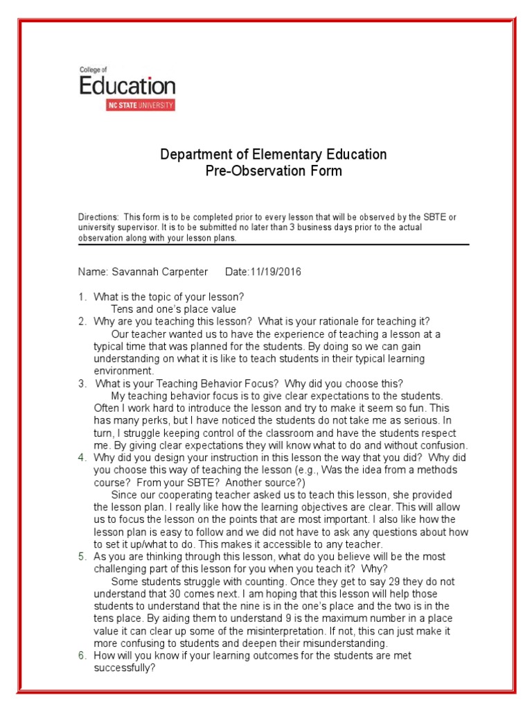 Pre-Observation Form for Lesson Planning | PDF | Lesson Plan ...