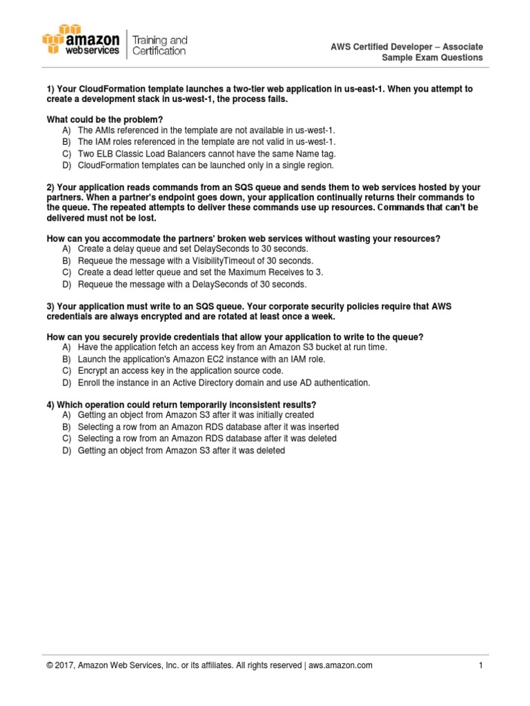 AWS Certified Developer - Associate Sample Exam Questions | PDF ... AWS Certified Developer - Associate Sample Exam Questions | PDF ...