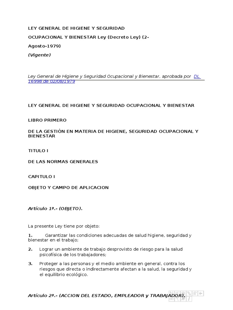 Ley General de Higiene y Seguridad Ocupacional y Bienestar Bolivia | PDF | Derecho laboral | La ...