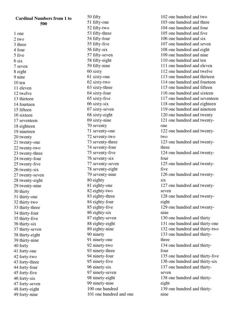 Numeros Del 1 Al 500 en Ingles | PDF
