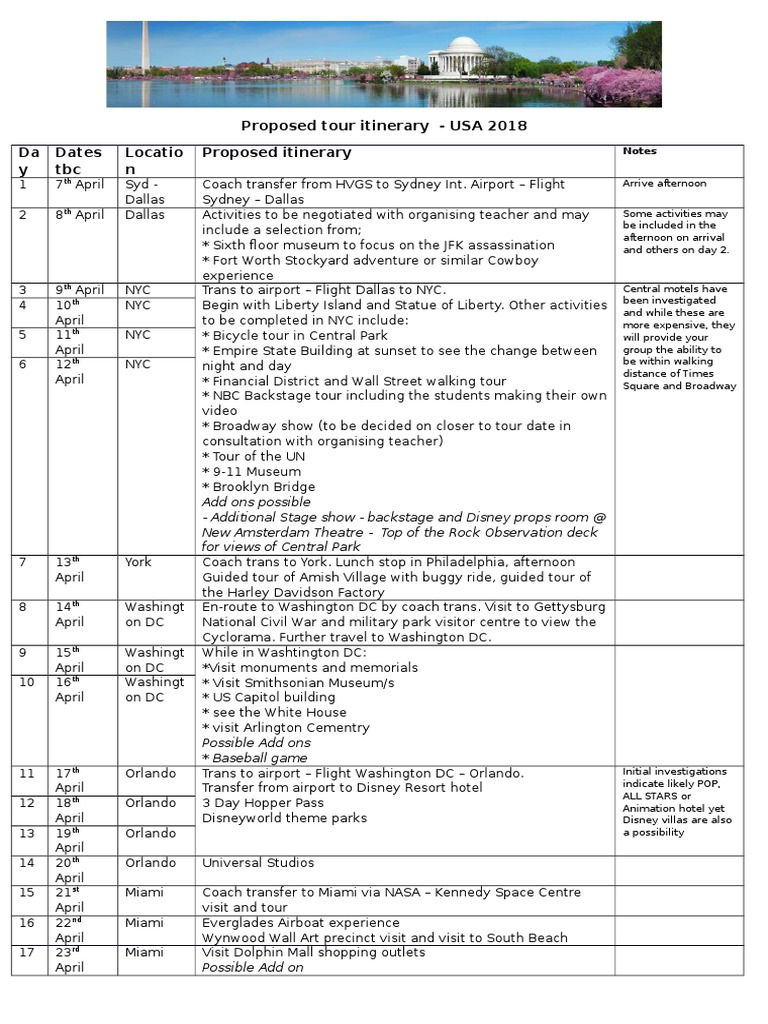 proposed tour itinerary with payment schedule attached | Orlando | New ...