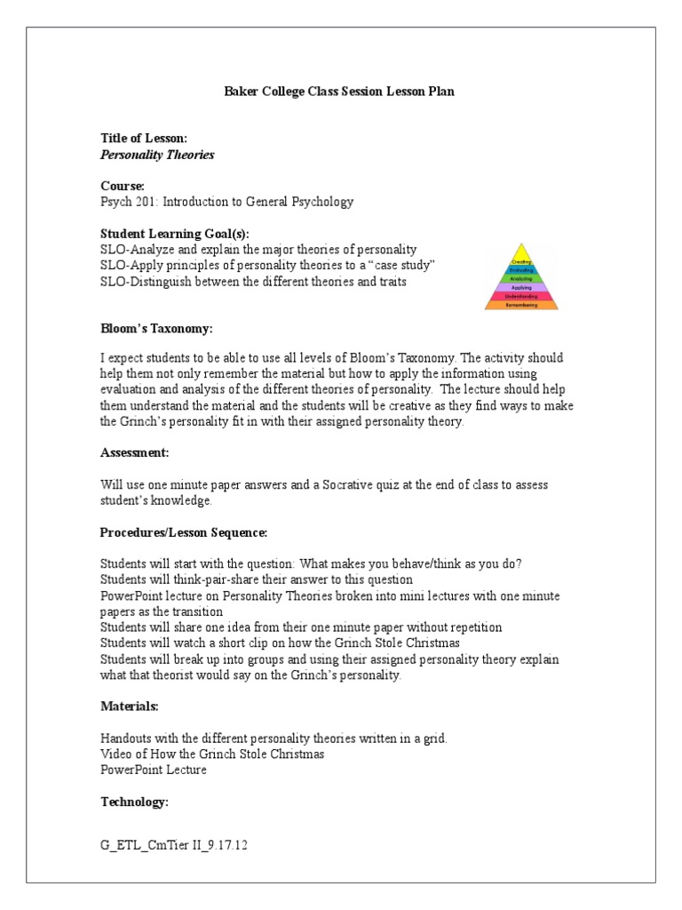 Baker College Lesson Plan Personality | PDF | Personality Psychology ...