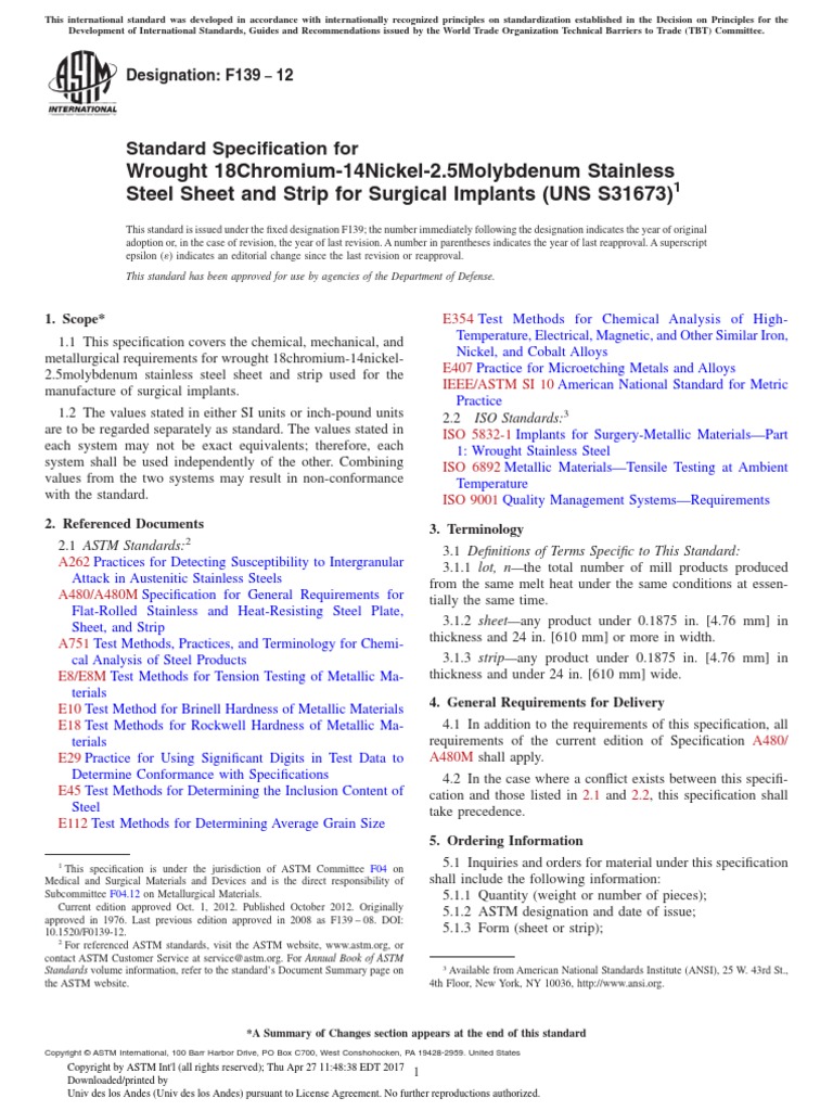Astm F139 | PDF | Specification (Technical Standard) | Steel