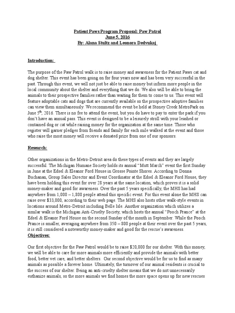 Patient Paws Program Proposal: Paw Patrol June 5, 2016 By: Alana Stultz ...