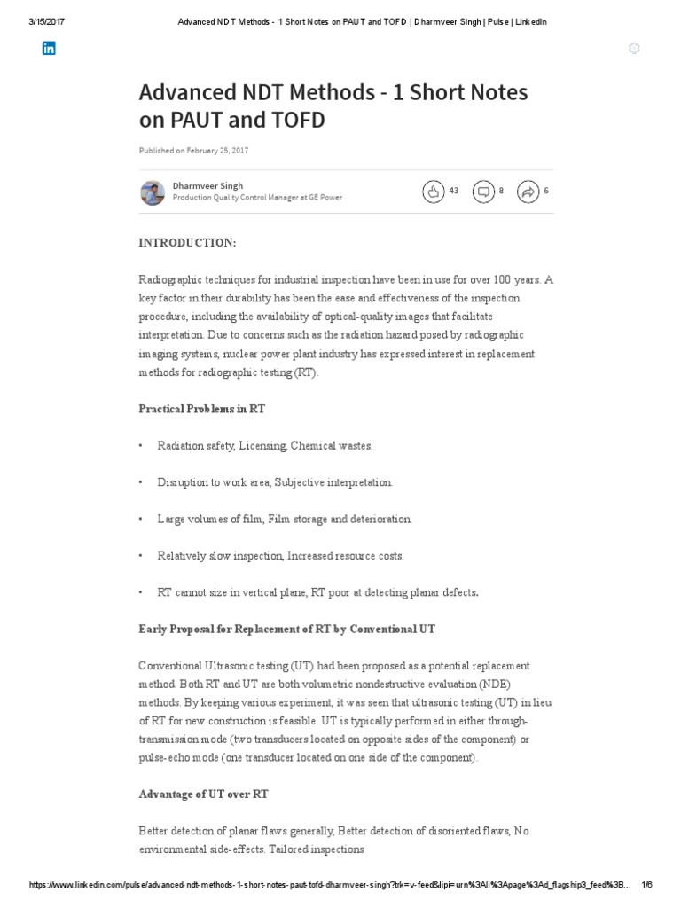 Advanced NDT Methods - 1 Short Notes On PAUT and TOFD - Dharmveer Singh ...