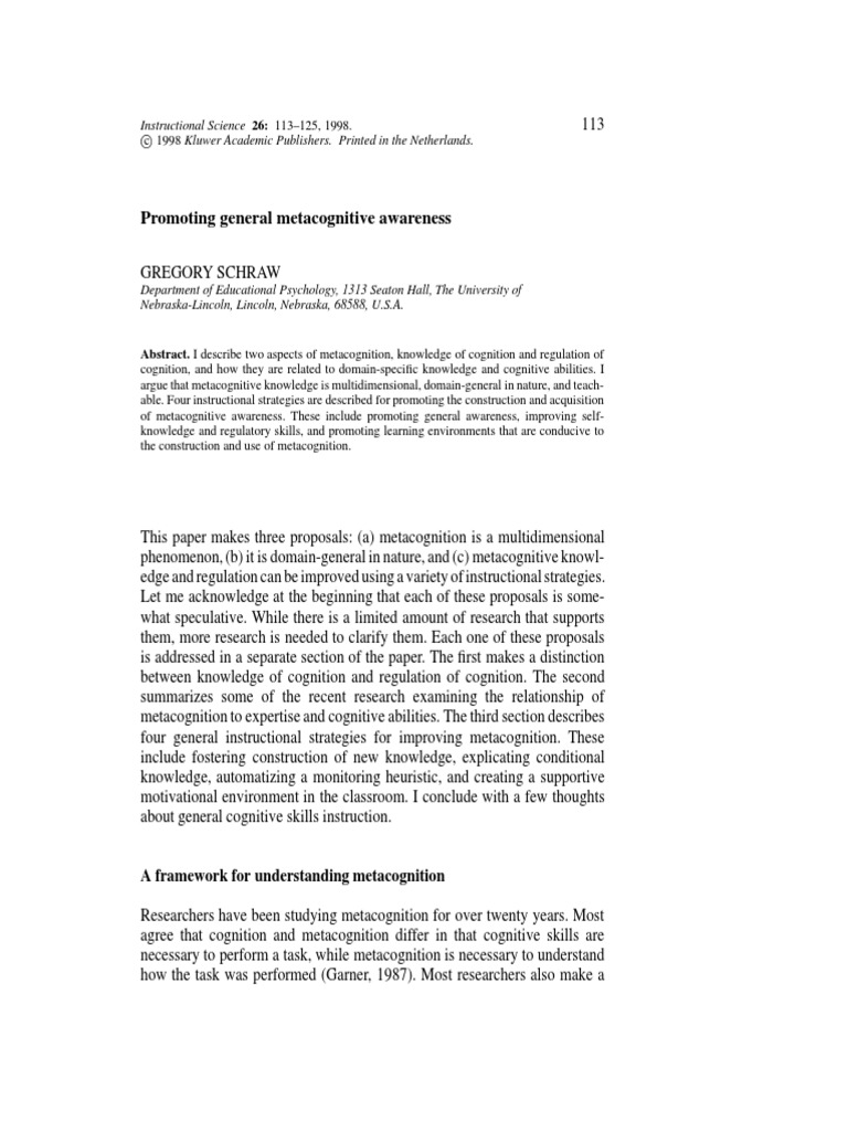(P) (Schraw, 1998) Promoting General Metacognitive Awareness PDF | Download Free PDF ...