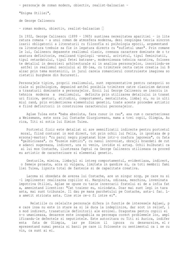 Familia Tulea (AGLAE, SIMION, AURICA, TITI, OLIMPIA) Din Enigma Otiliei de George Calinescu | PDF