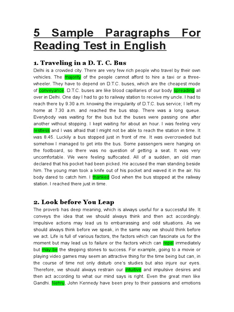 5 Sample Paragraphs For Reading Test in English | PDF | Simple Living | Bus