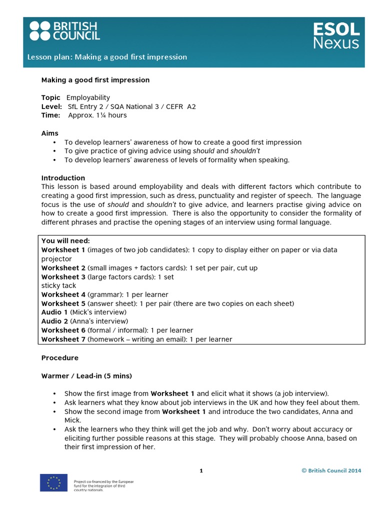 Employability First Impression Lesson Plan | PDF | Job Interview ...
