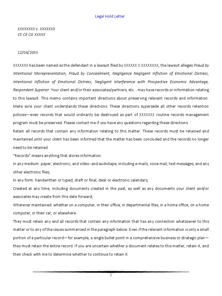 Legal Hold Letter For Upload | PDF | Negligence | Intentional ...
