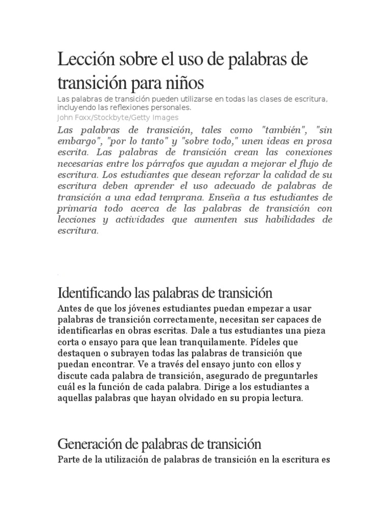 Palabras de transición para niños | Diccionario | Palabra
