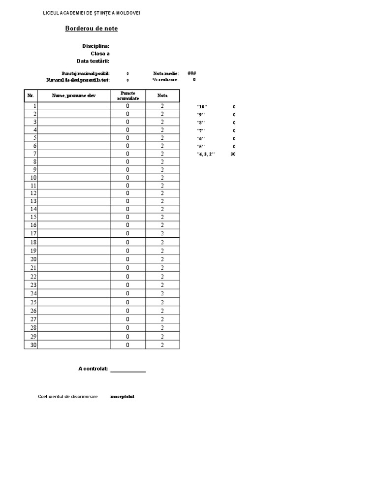 Borderou de Note: Disciplina: Clasa A Data Testării: ### | PDF