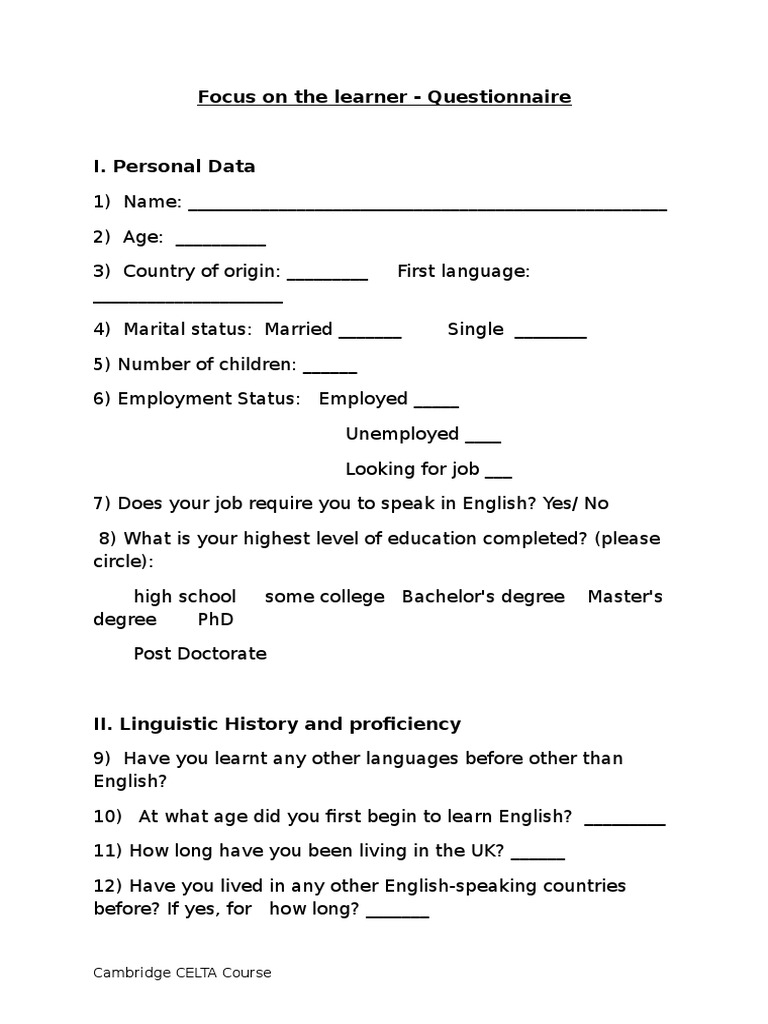 Focus On The Learner - Questionnaire: Cambridge CELTA Course | PDF ...