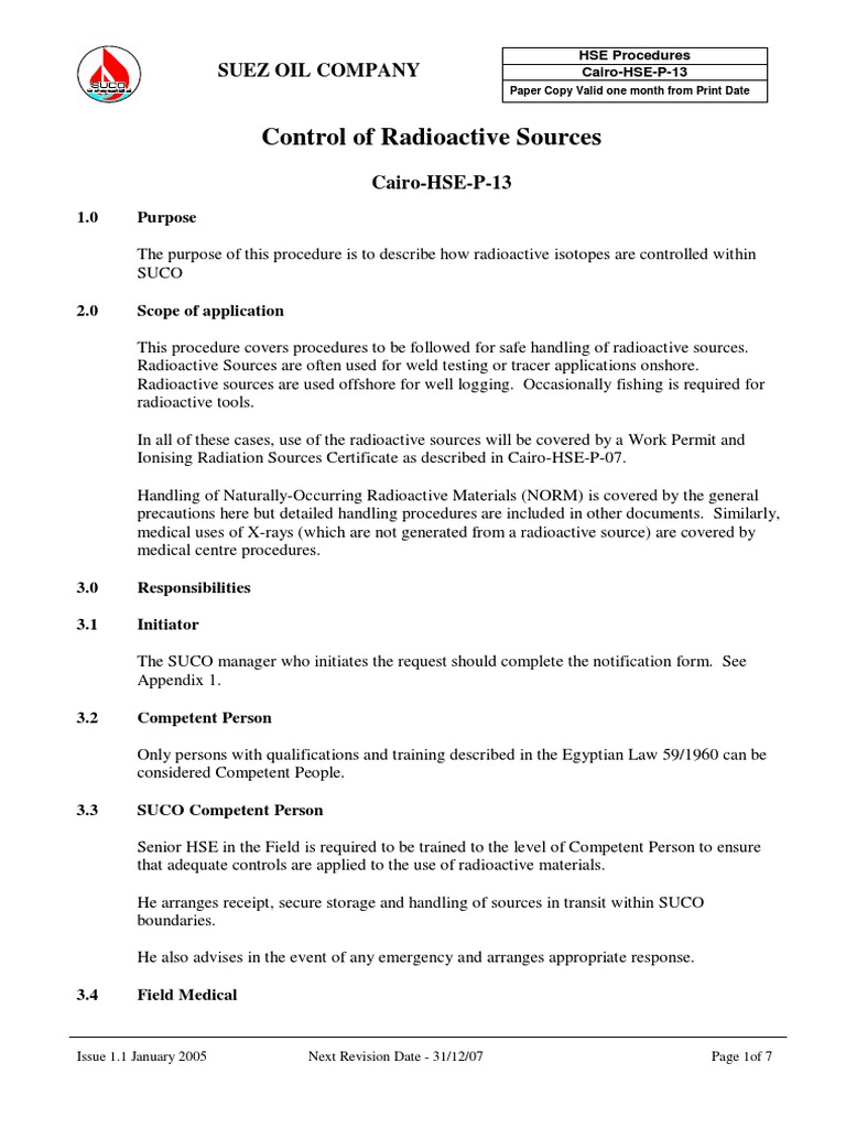 HSE-P-13 Control of Radioactive Sources Issue 1.1 | PDF | Radioactive ...
