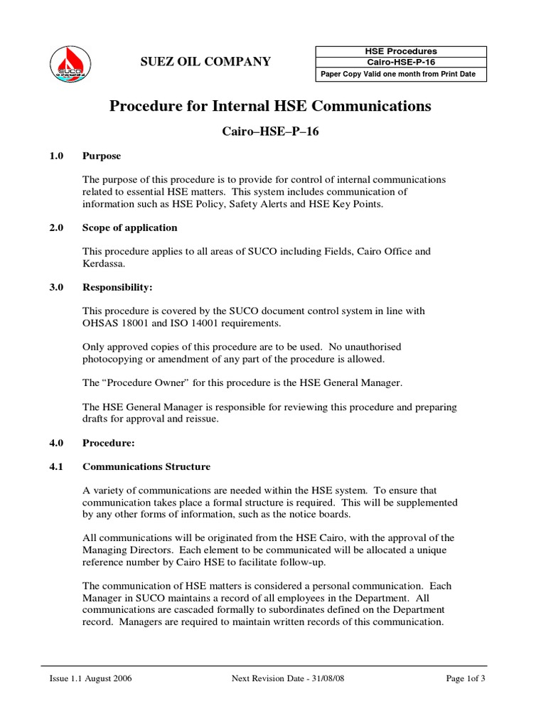 HSE-P-16 HSE Communications Procedure Issue 1.1 | PDF | Document | Email