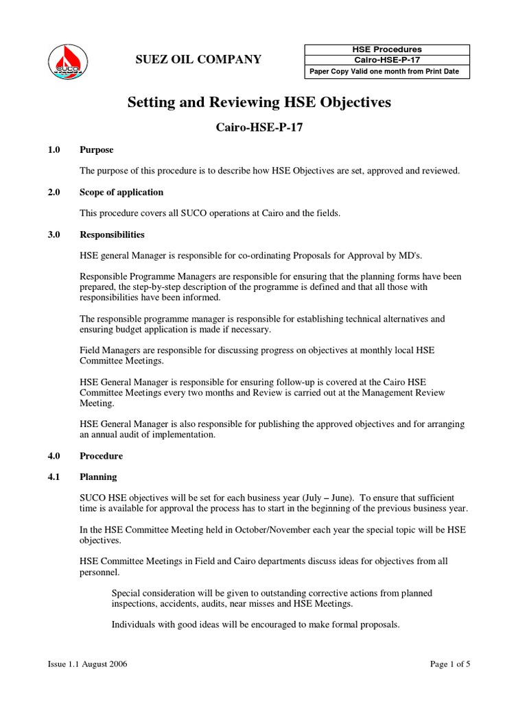 HSE-P-17 Setting and Reviewing HSE Objectives Issue 1.1 | PDF ...