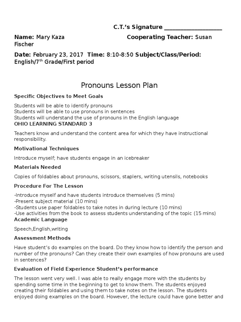 Pronouns Lesson Plan Overview | PDF | Career & Growth