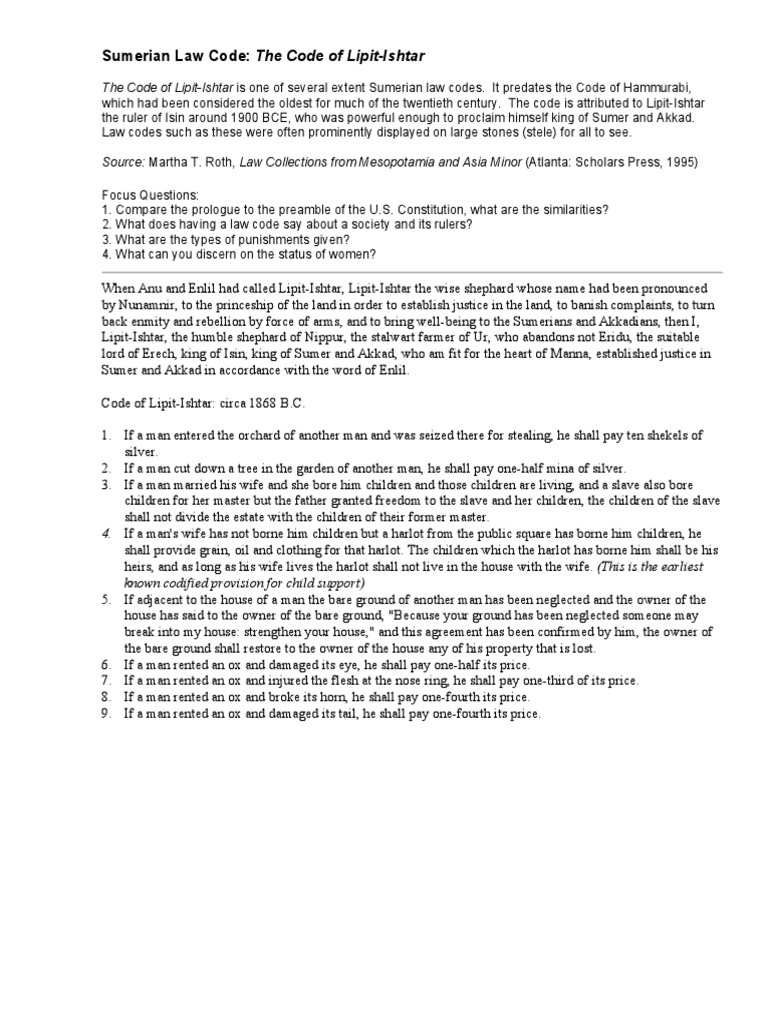 Sumerian Law Code: Lipit-Ishtar | PDF | Sumer | Hammurabi
