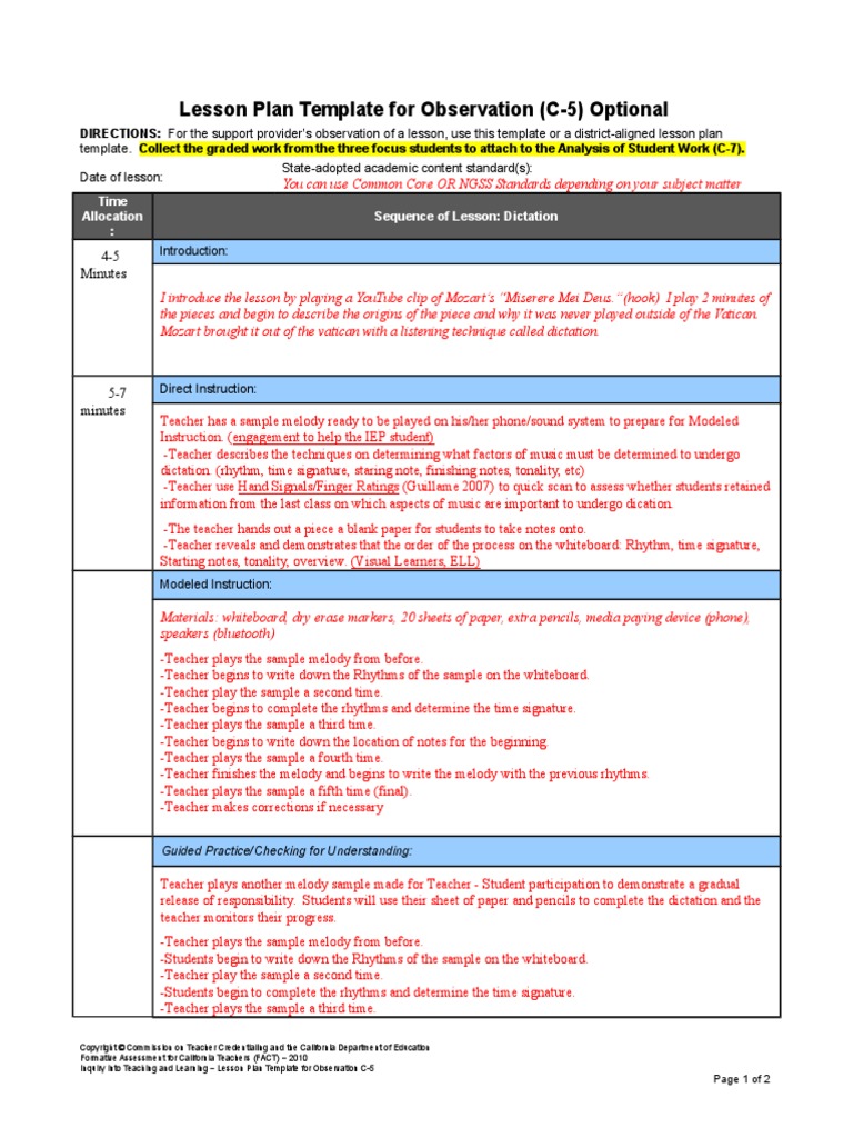 Lesson Plan Template For Observation (C-5) Optional: 4-5 Minutes | PDF ...