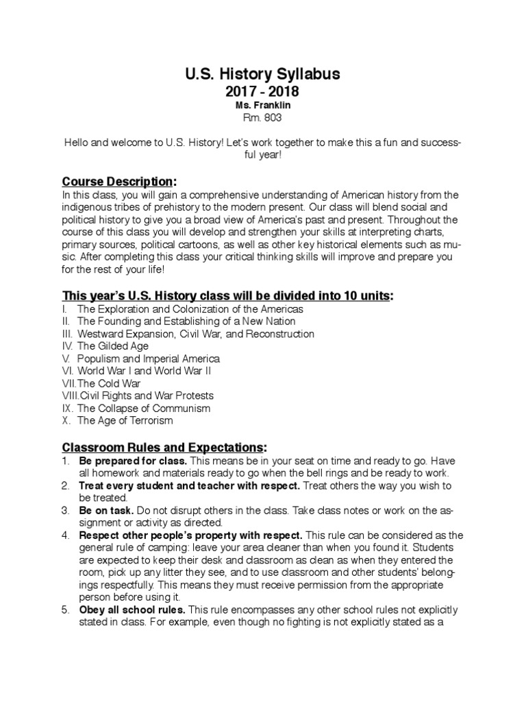 U.S. History Course Syllabus 2017-2018 | PDF | Homework | Classroom