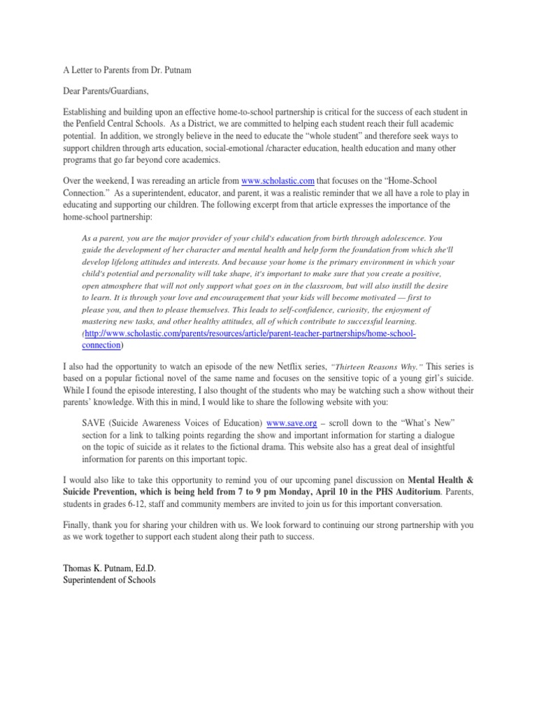 Letter To Parents | PDF | Homeschooling | Quality Of Life