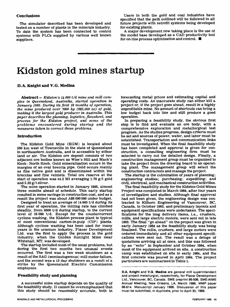 Startup and Operations of the Kidston Gold Mine in Queensland ...