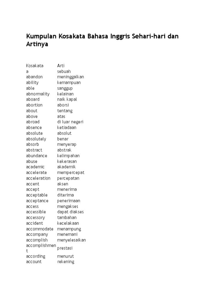 Kumpulan Kosakata Bahasa Inggris Sehari | PDF