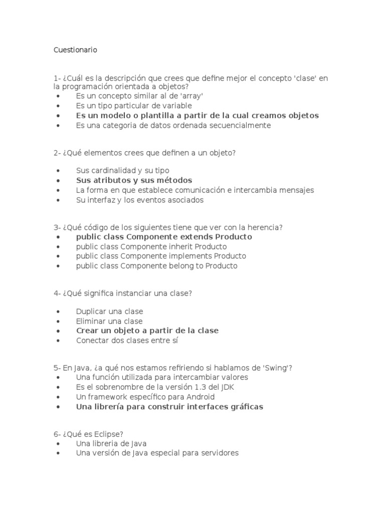 Cuestionario Java | PDF | Java (lenguaje de programación) | Objeto (informática)