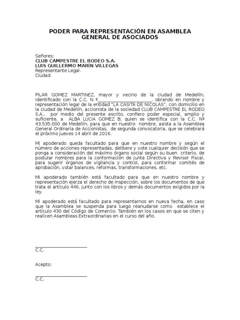 Poder para Representación en Asamblea General de Asociados | PDF ...