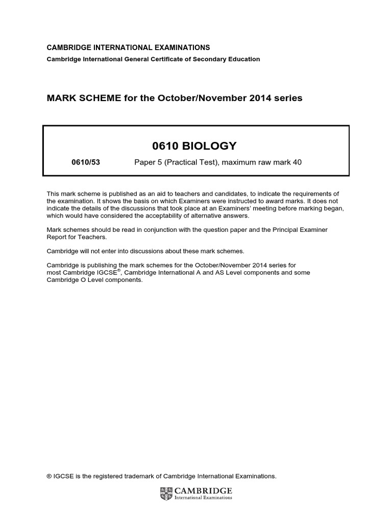 Igcse Biology 0610 Winter 2014 Markscheme 53 Pdf Germination