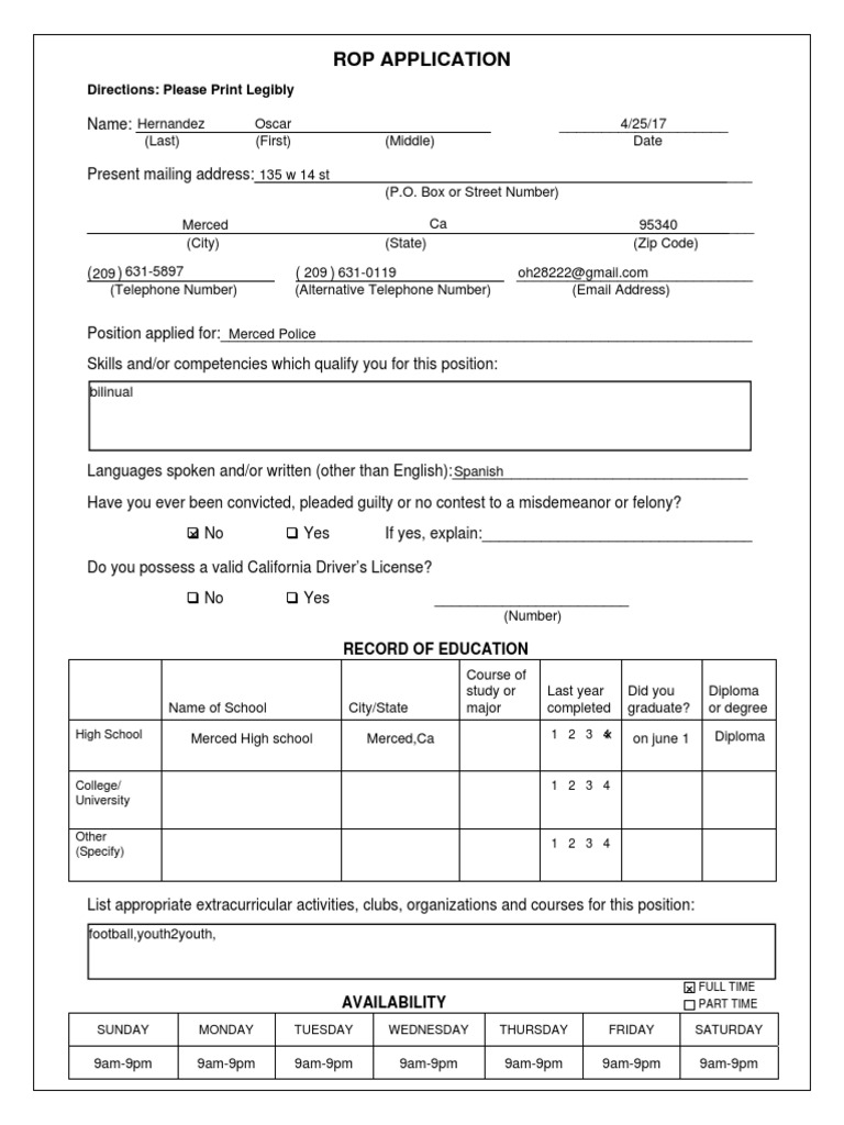 Rop Application: Directions: Please Print Legibly | PDF
