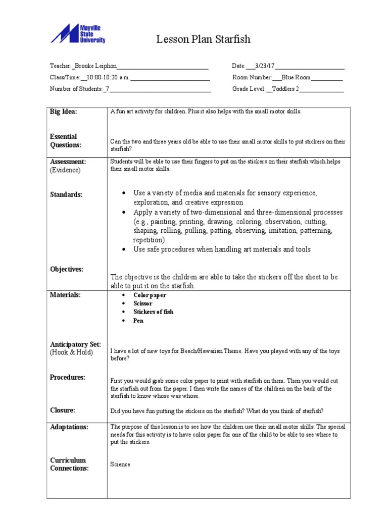 Starfish Lesson Plan | PDF | Lesson Plan | Education Theory