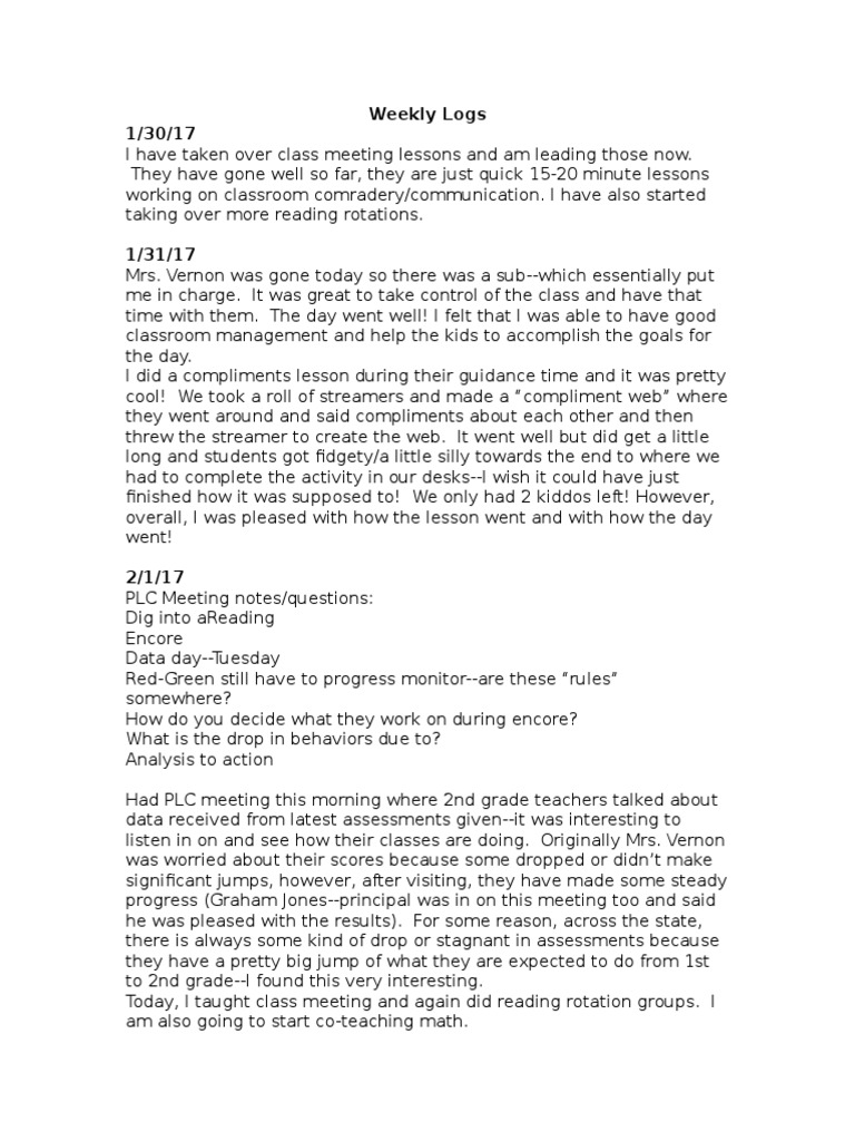 Weekly Logs | PDF | Classroom Management | Reading (Process)