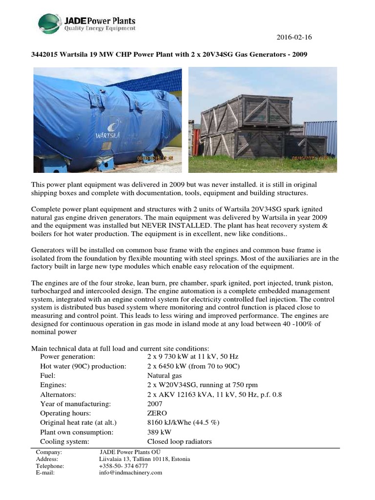 Wartsila 2 X 20v34sg - 2009 Brochure | PDF | Engines | Power Station
