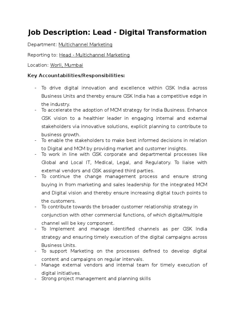 JD - Manager - Digital Transformation | PDF