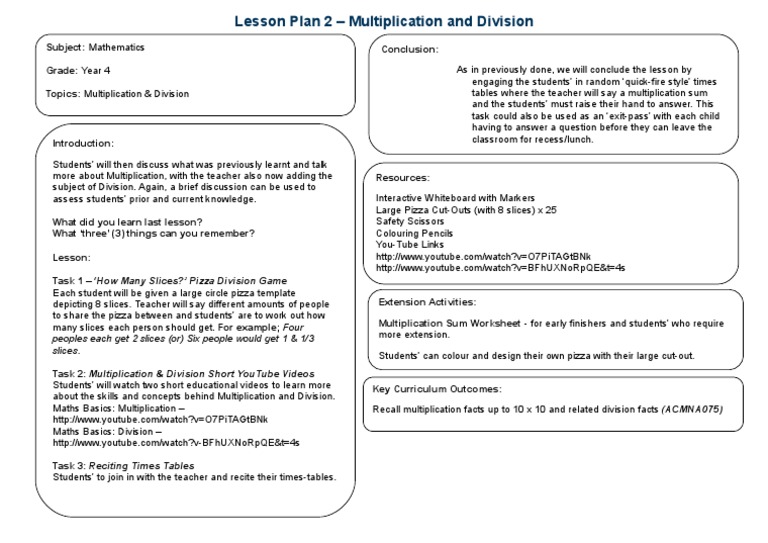 Lesson 2 - Multiplication Division | PDF | Sharing | Lesson Plan