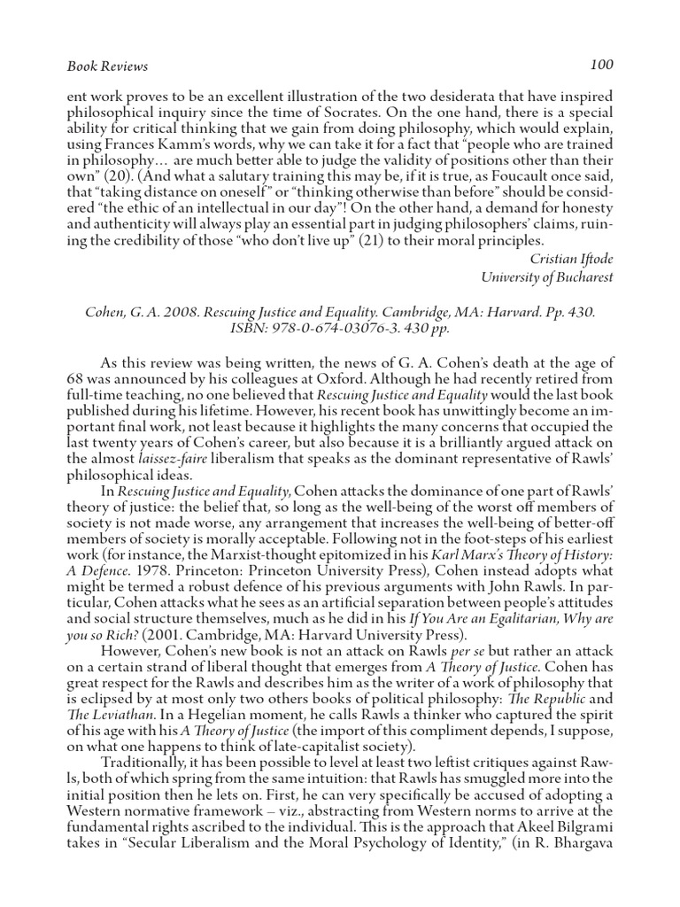 G A Cohen Rescuing Justice and Equality | PDF | John Rawls | Egalitarianism