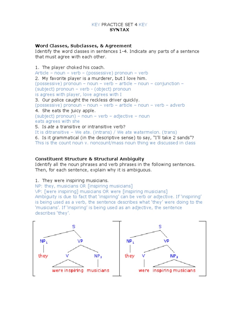 Practice Set 4 Syntax KEY | PDF | Verb | Noun