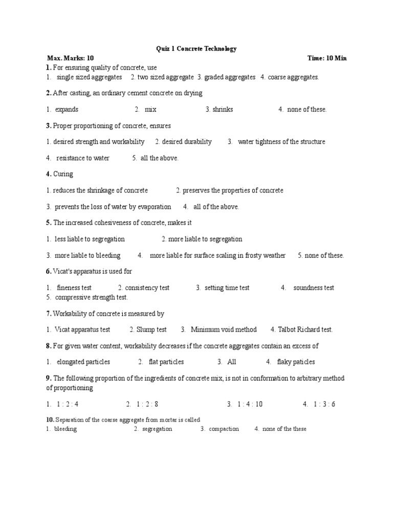 Concrete Technology Quiz 1: Questions on Concrete Properties, Testing ...
