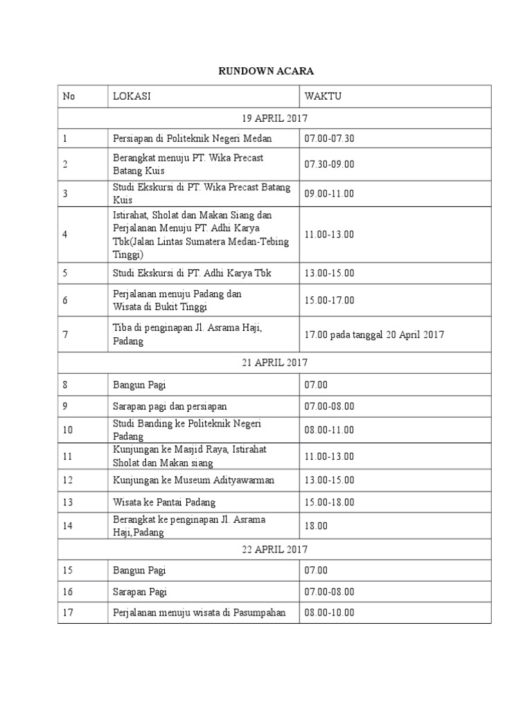 Contoh Rundown Acara Study Ekskursi | PDF