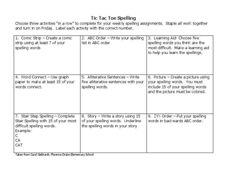 Tic Tac Toe Spelling Activities Guide | PDF | Language Arts & Discipline